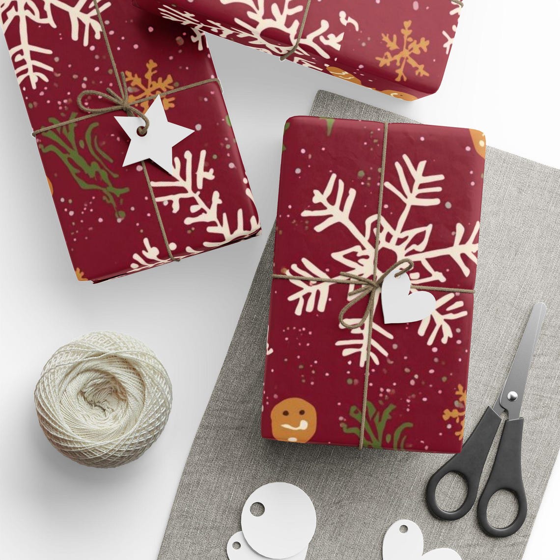 Gingerbread Snowflakes Holiday Wrapping Paper | Cranberry Red - Etsy