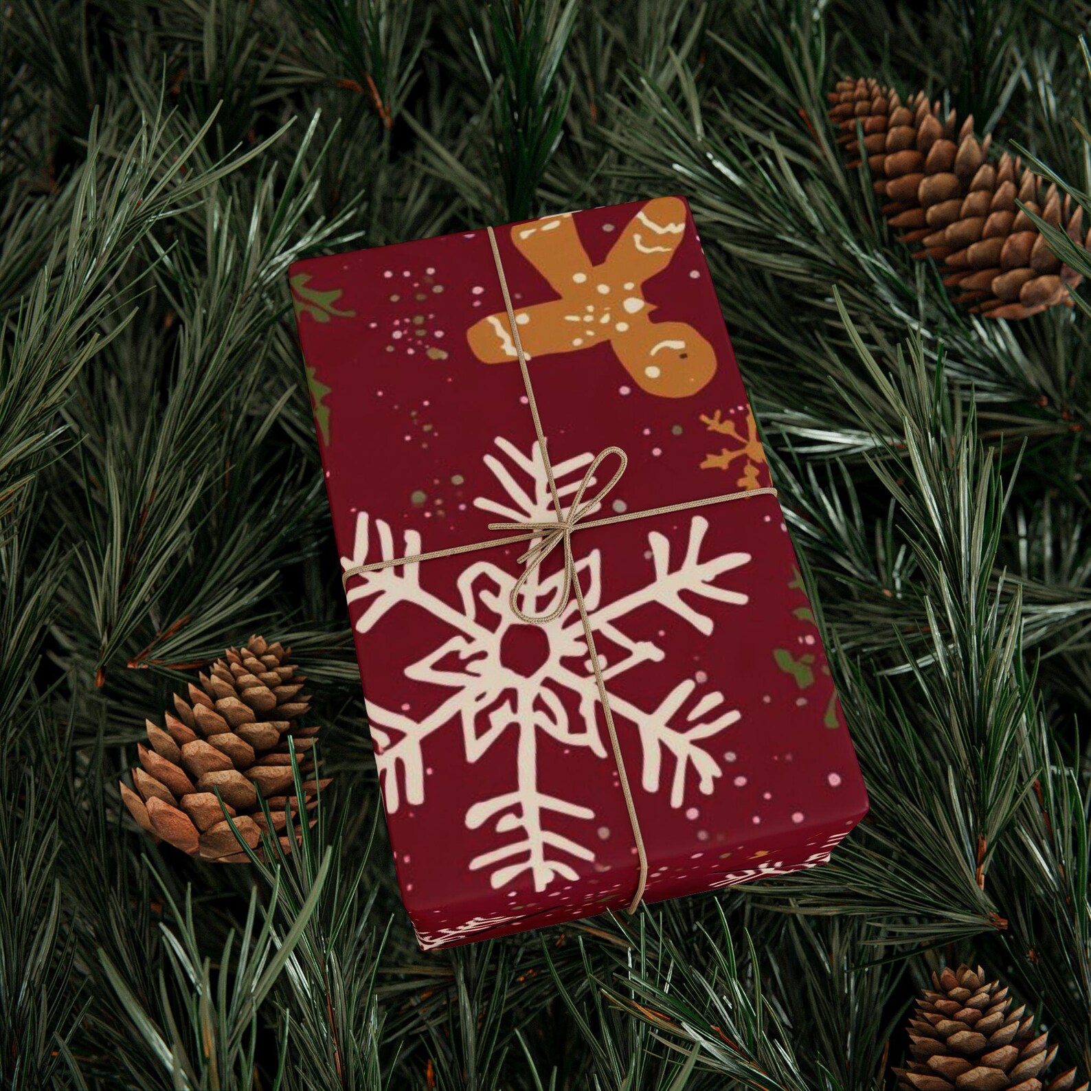 Gingerbread Snowflakes Holiday Wrapping Paper | Cranberry Red - Etsy