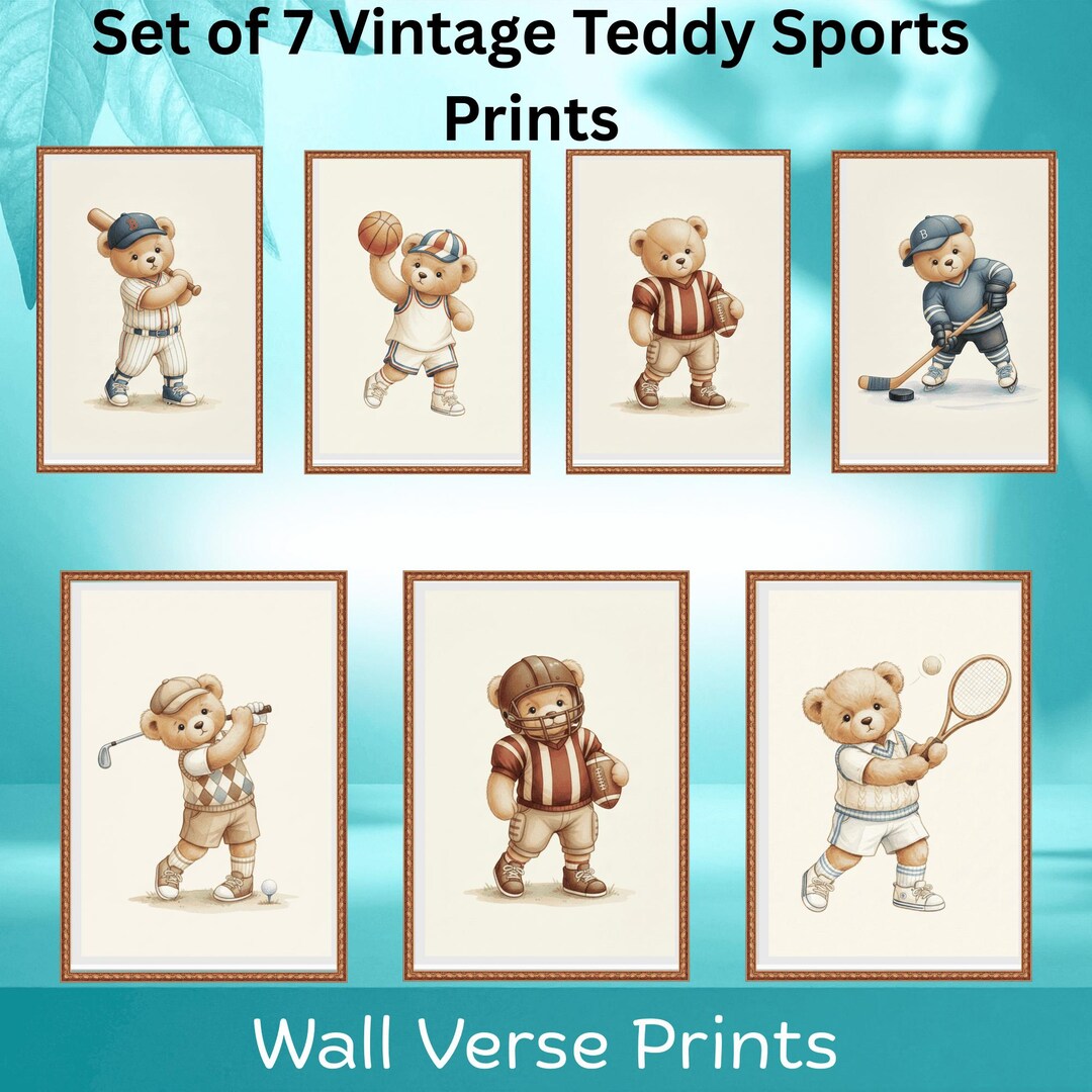 Set of 7 Vintage Teddy Bear Sports Wall Art, Printable Nursery Decor ...