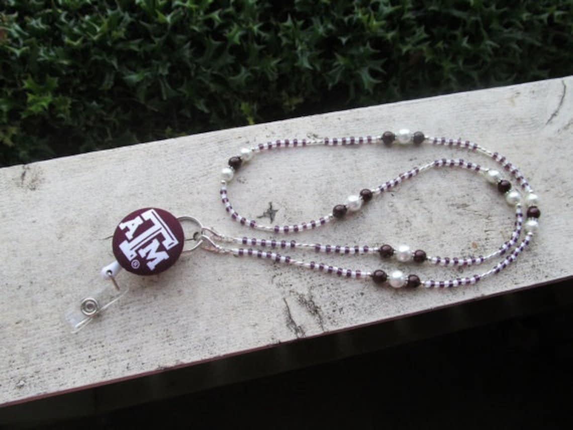 Texas A&M Aggies ID Badge Lanyard Maroon and White Beaded ID - Etsy