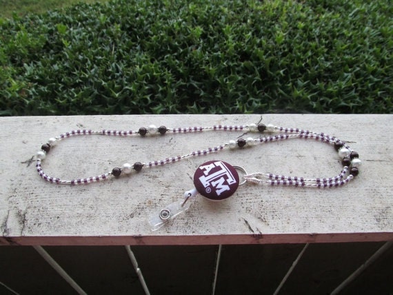 Texas A&M Aggies ID Badge Lanyard Maroon and White Beaded ID - Etsy