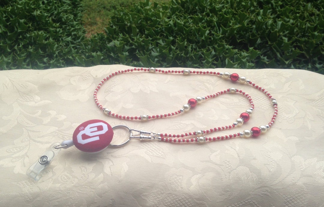 Oklahoma Sooners Beaded Lanyard Red and White With Retractable Badge ...