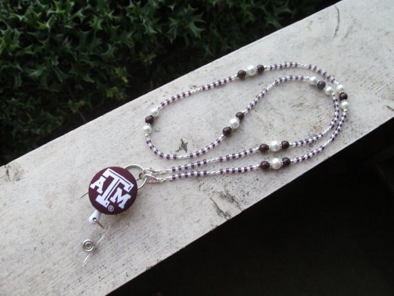 Texas A&M Aggies ID Badge Lanyard Maroon and White Beaded ID - Etsy