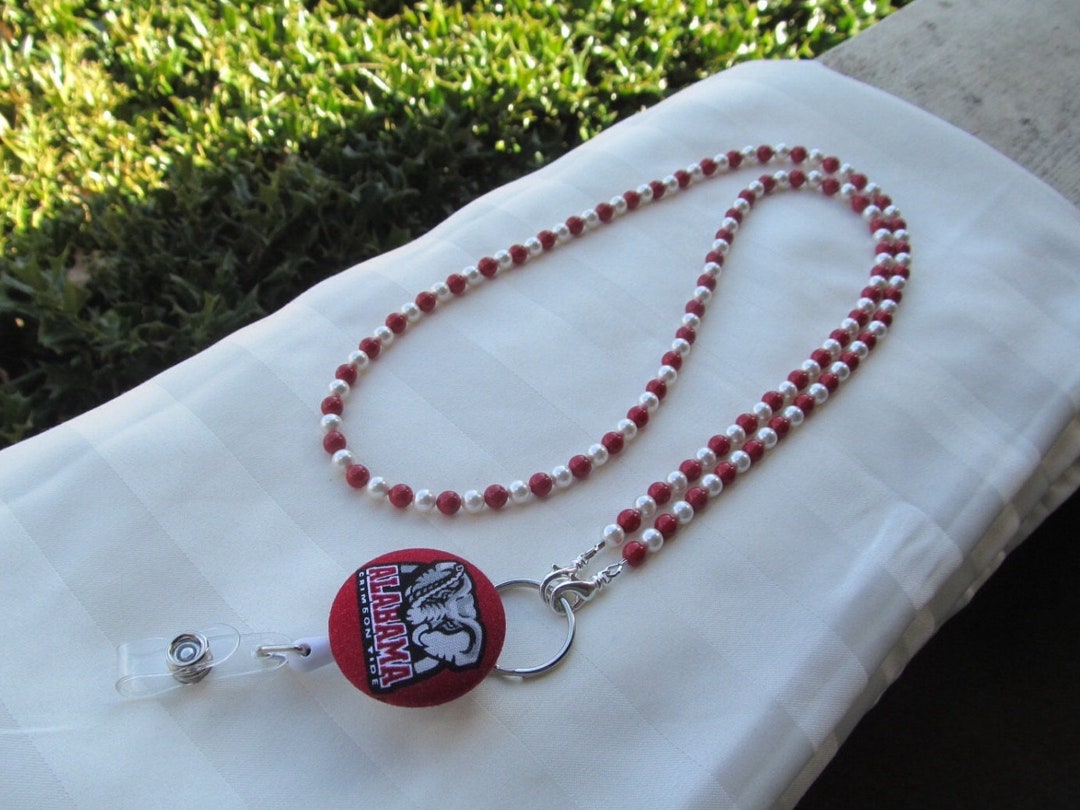 Alabama Crimson Tide Lanyard Crystal Pearl Beaded ID Badge Holder With ...
