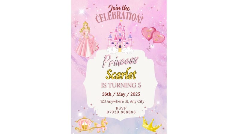 Editable Princess Birthday Invitation Template | Girl Party Invite ...