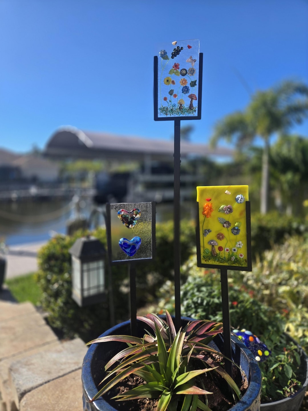 Set of 3 Black 4-inch Fused Glass Garden Stakes, Plant Art Display - Etsy