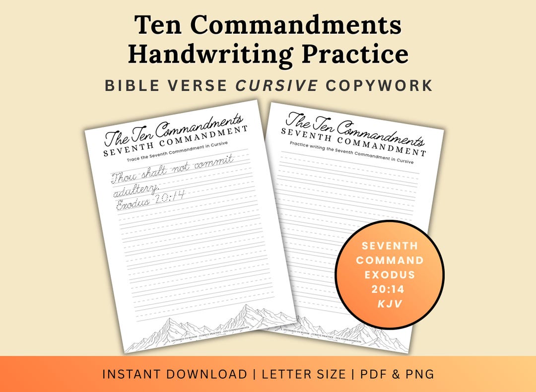 SEVENTH Commandment Cursive Handwriting Practice Worksheet – Exodus 20: ...