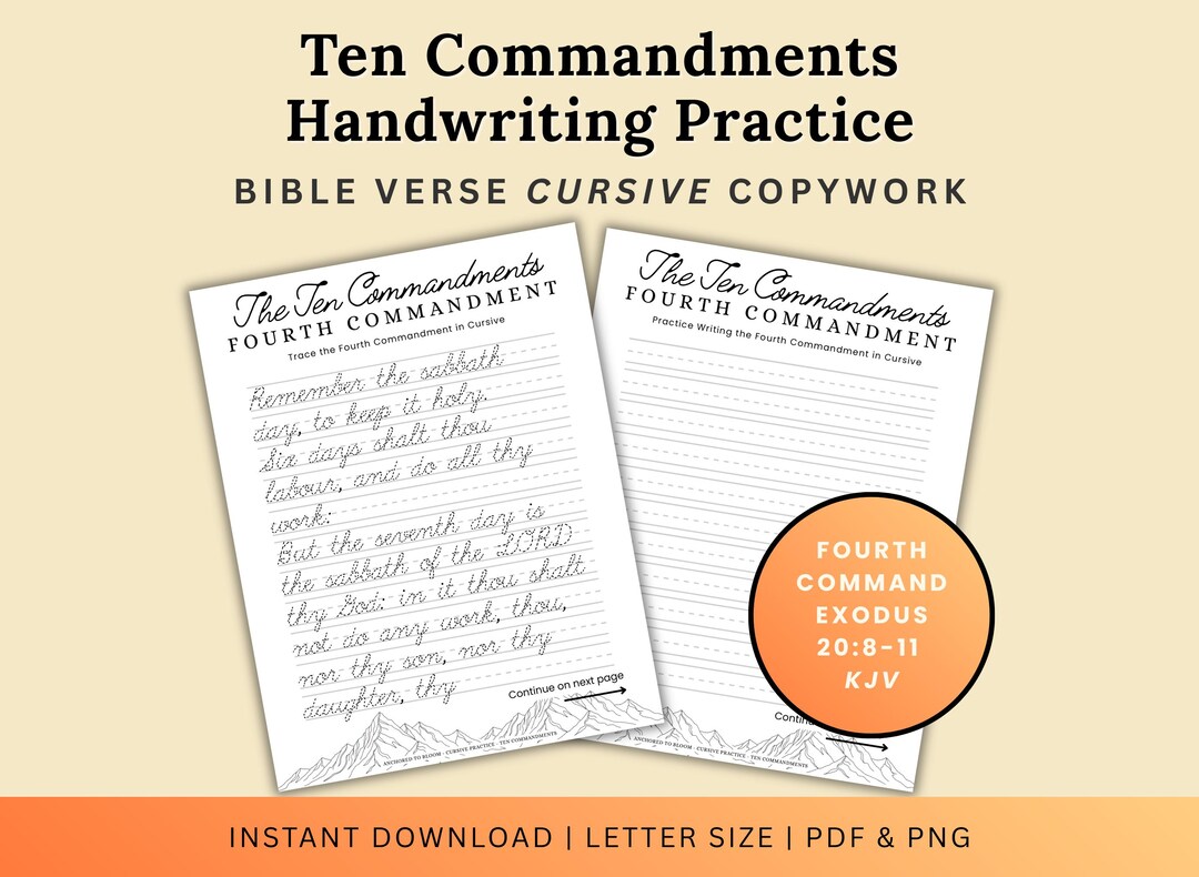 FOURTH Commandment Cursive Handwriting Practice Worksheet – Exodus 20:8 ...