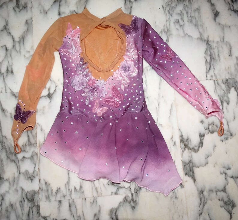 Mauve-purple-pink Airbrushed BUTTERFLIES Figure Ice Skating Dress With ...
