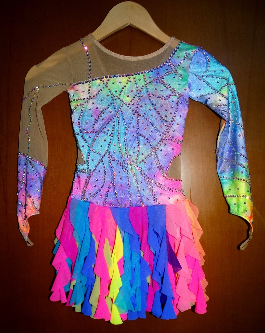 NEW COLORFUL Dress With SPIRAL Ruffle Fringe Skirt for Figure Skating ...