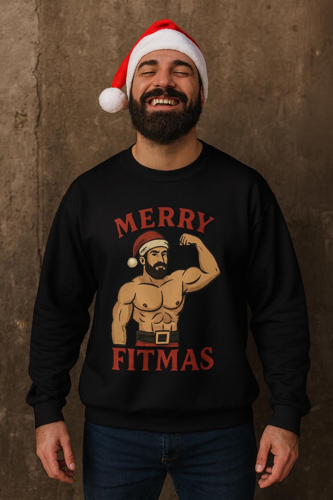 Merry Fitmas Muscular Santa Illustration Sweatshirt | Christmas Fitness ...