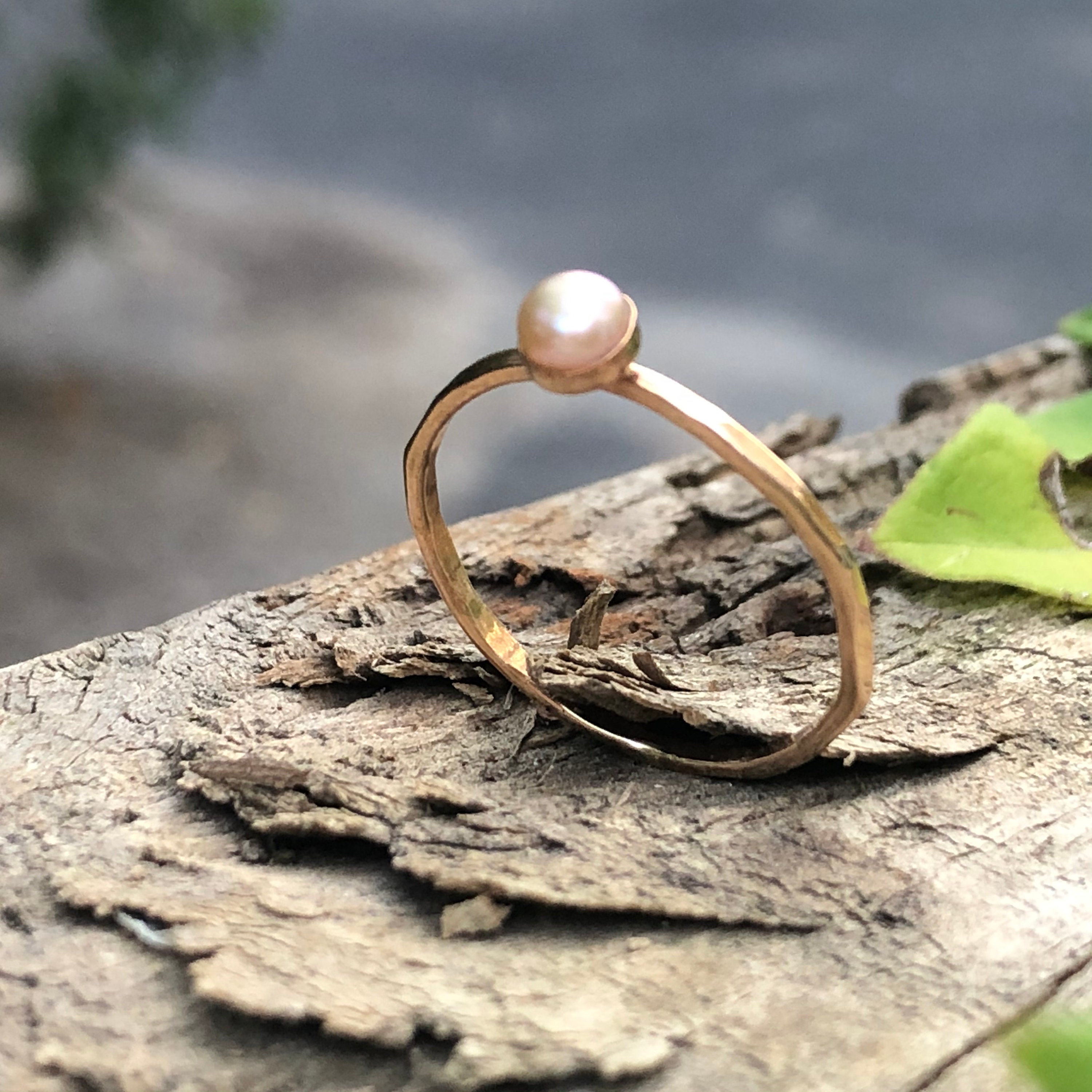 Pink Pearl Stacking Ring Hammered Sterling Silver Pearl Ring | Etsy