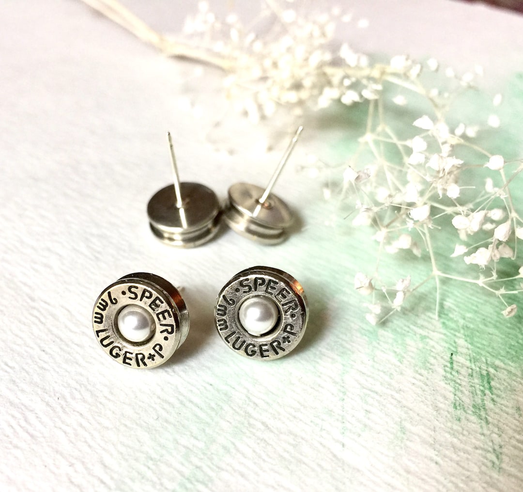 Pearl Bullet Stud Earrings - Sterling Silver Bullet Jewelry - Bullet ...