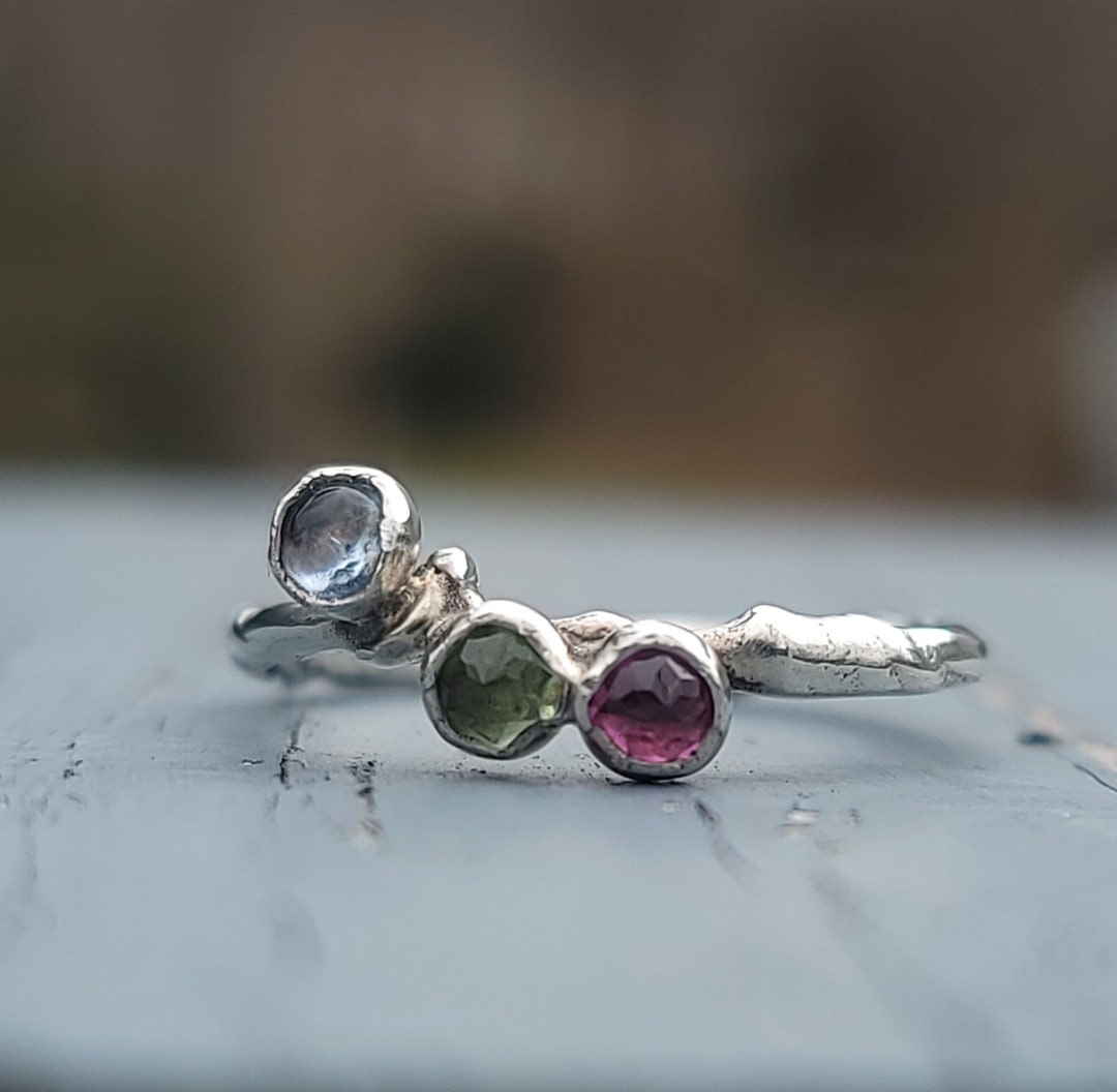 Organic Silver Three Gemstone Ring Three Gemstone Ring Molten Silver Ring Pink Gem Ring Blue ...