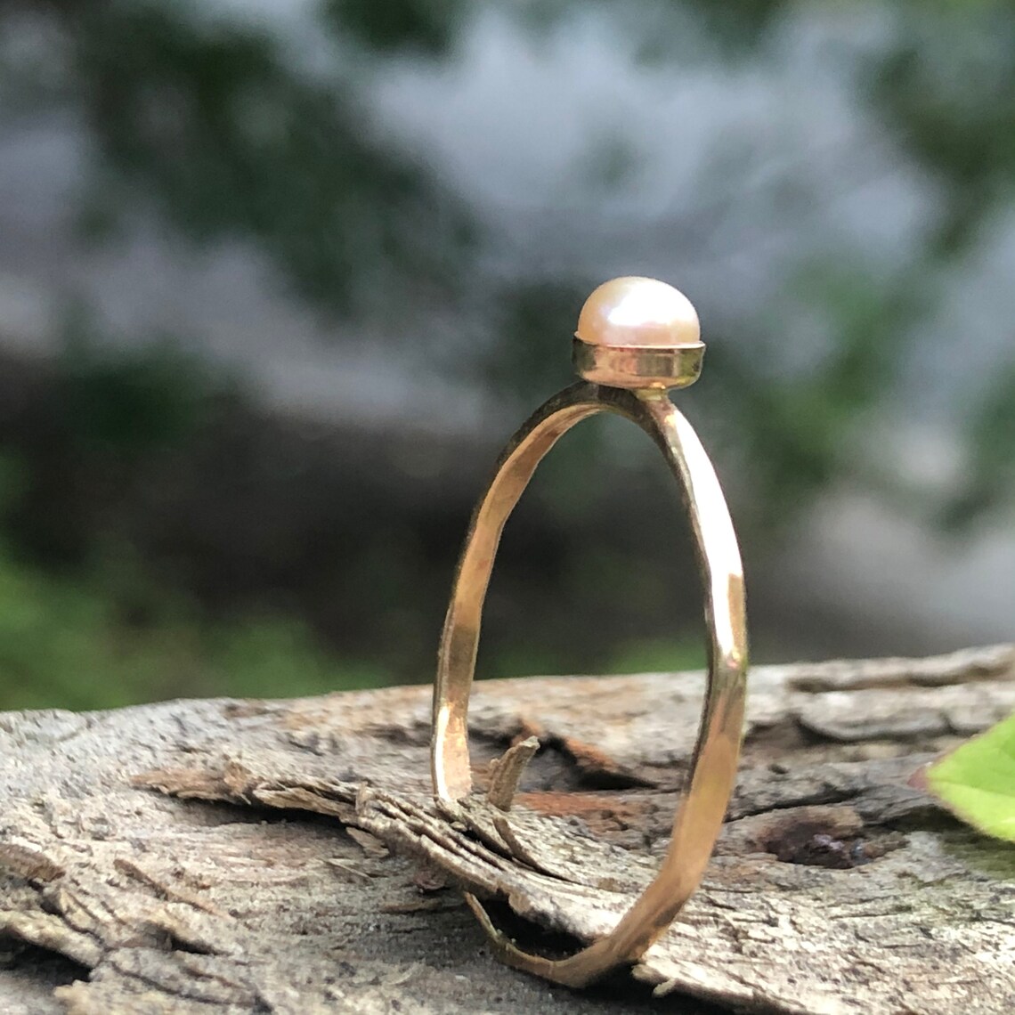 Pink Pearl Stacking Ring Hammered Sterling Silver Pearl Ring - Etsy