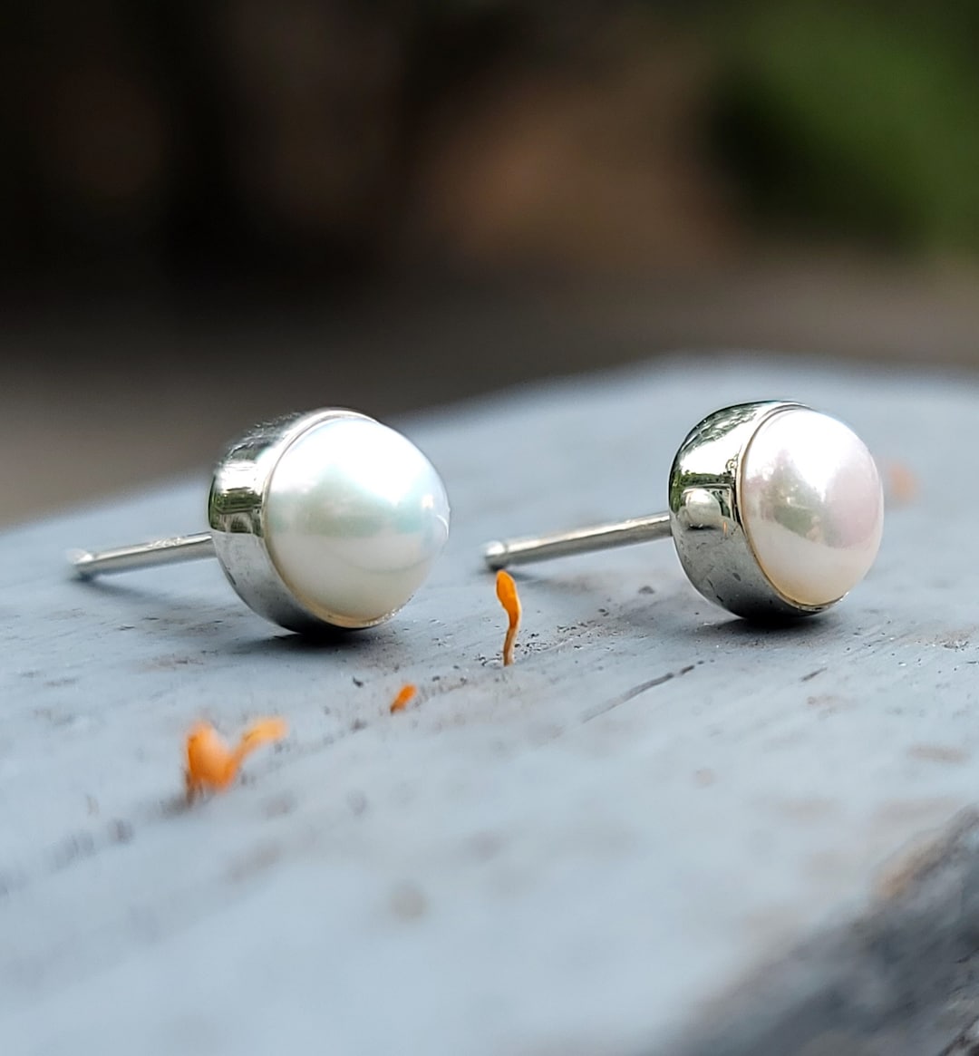 White Pearl Stud Earrings | Sterling Silver Pearl Studs | Pearl Earrings | 6mm Pearl Studs| 8mm ...