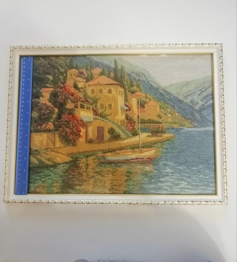 Handmade Mediterranean Coastal Village Cross Stitch - Landscape Wall ...