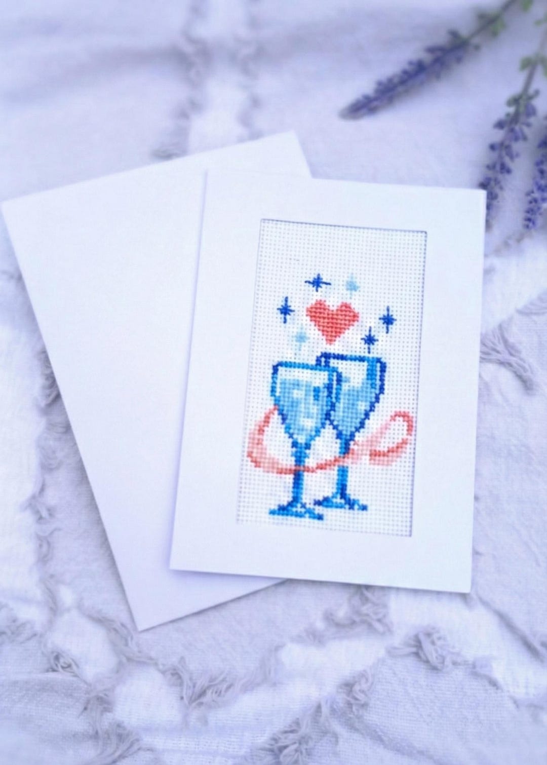Handmade Wedding and Engagement Cross Stitch Card Featuring Blue ...