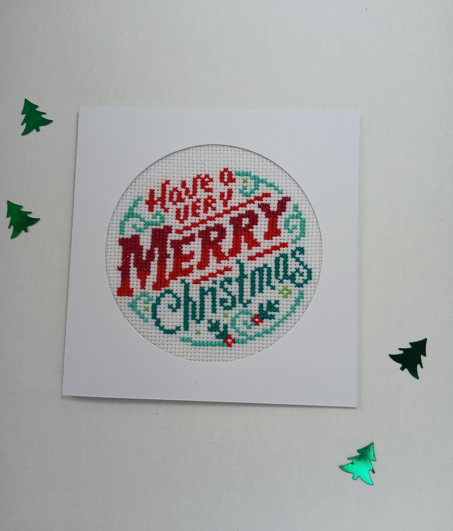 Handmade Cross Stitch Christmas Card – Festive Holiday Greeting, Merry ...