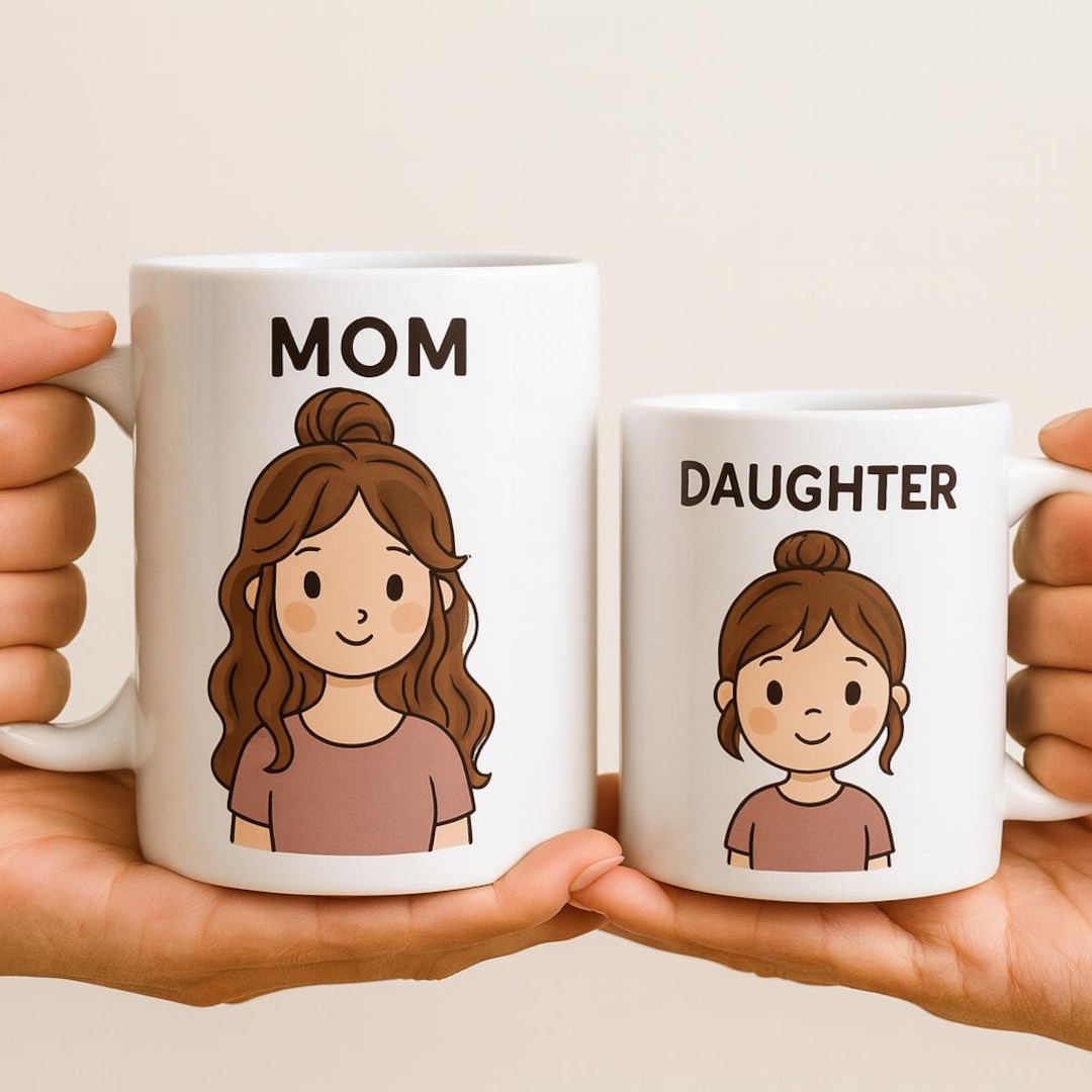 Personalized Mom & Daughter Mug Set – Custom Cartoon Illustration ...