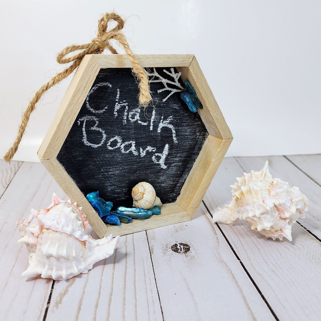 Beachy Shell and Rock Decorated Hexagon Chalkboard With Twine Bow - Etsy