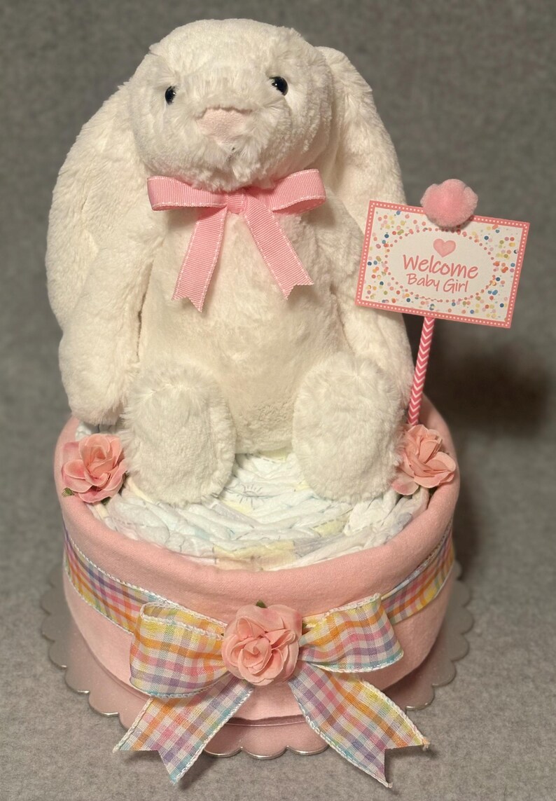 Baby Girl Diaper Cake, White Bunny Plush, Pink Roses, Blanket, Baby ...