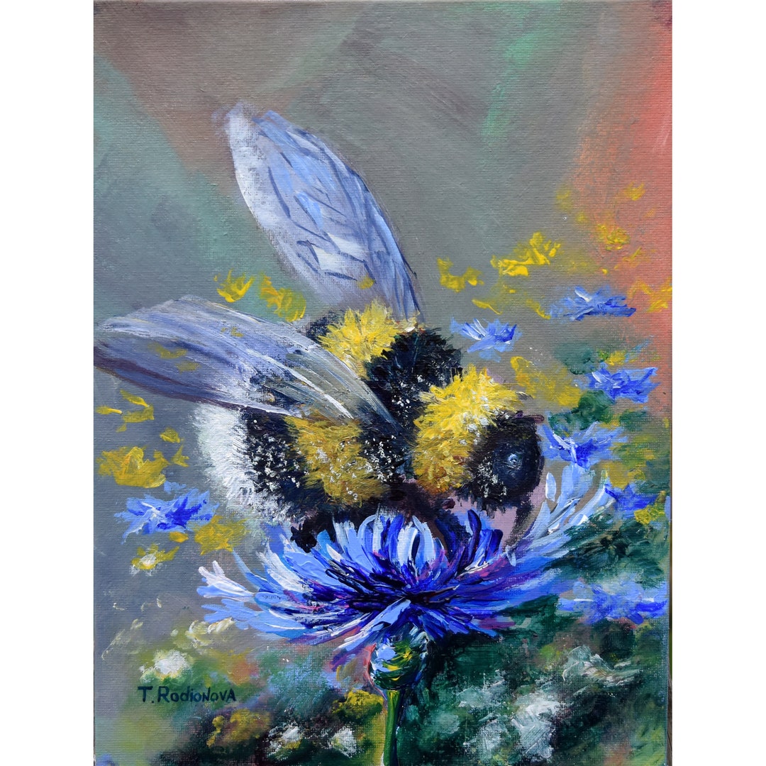 Bumblebee Painting Floral Original Art 12x9 Flower Artwork Bumblebee ...