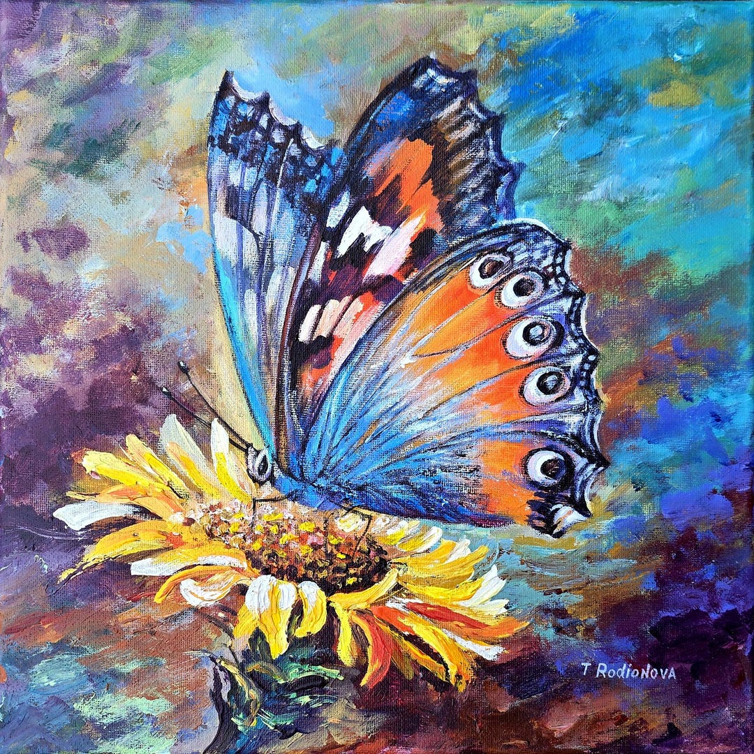 Butterfly Painting Insect Original Art 12"x12" Flower Artwork Butterfly ...