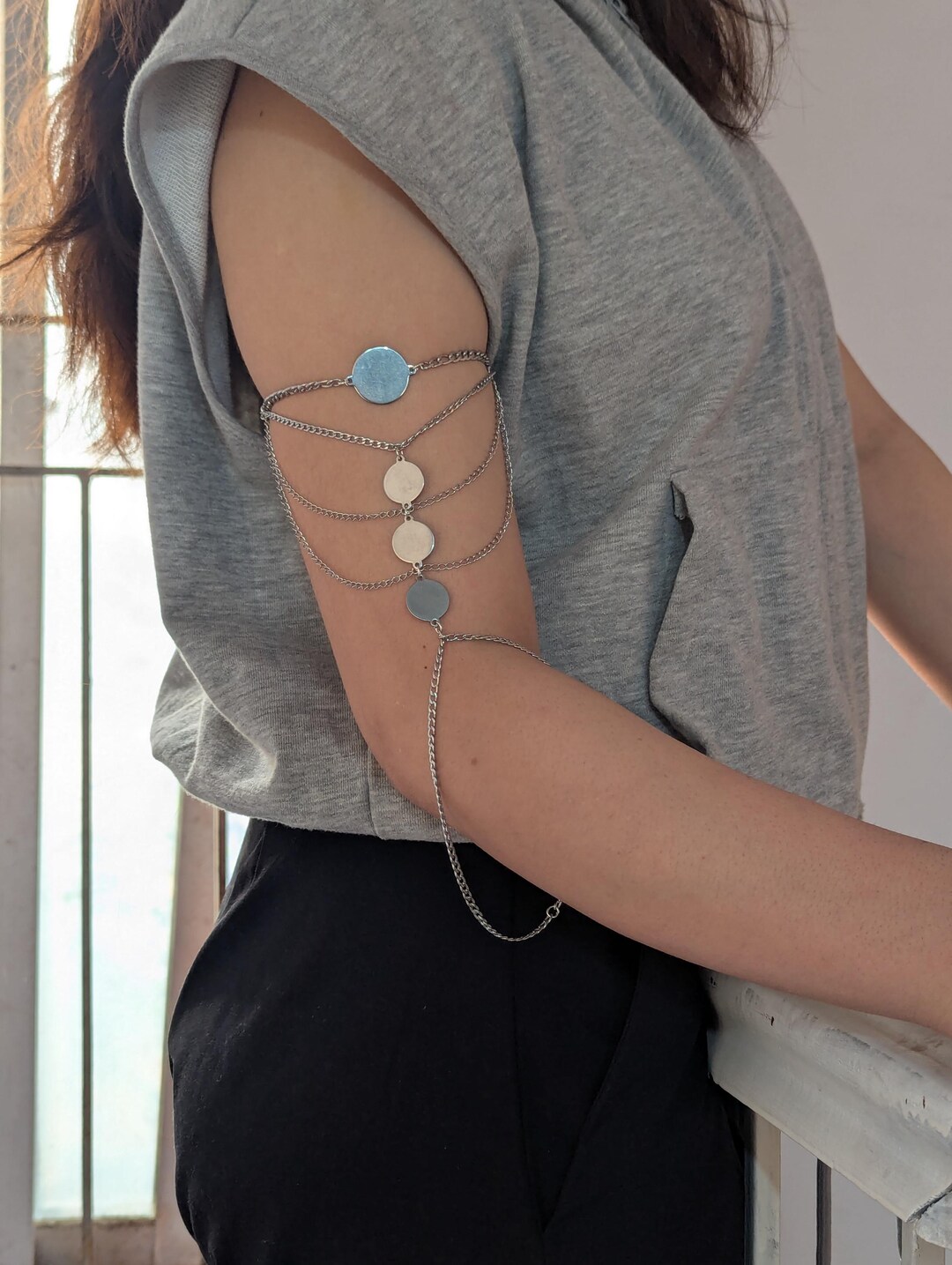 Silver Coin Arm Chain Upper Arm Bracelet With Layered Chains Boho ...