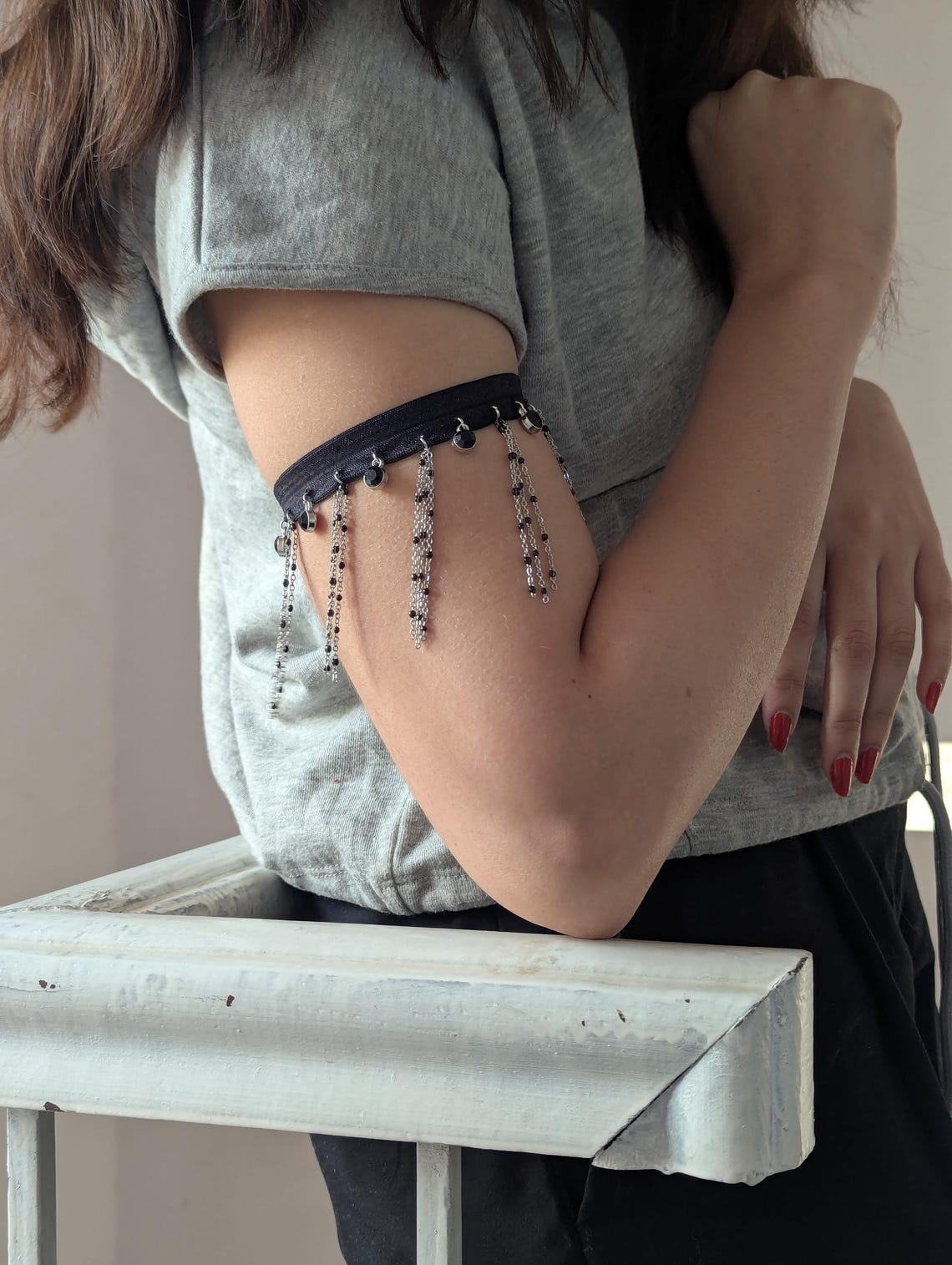 Black Arm Bracelet With Metal Disc Charms & Chain Fringe Boho Upper ...