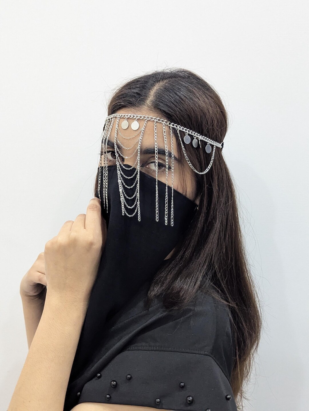 Silver Chain Face Veil Head Jewelry for Women Festival Gothic Bridal ...