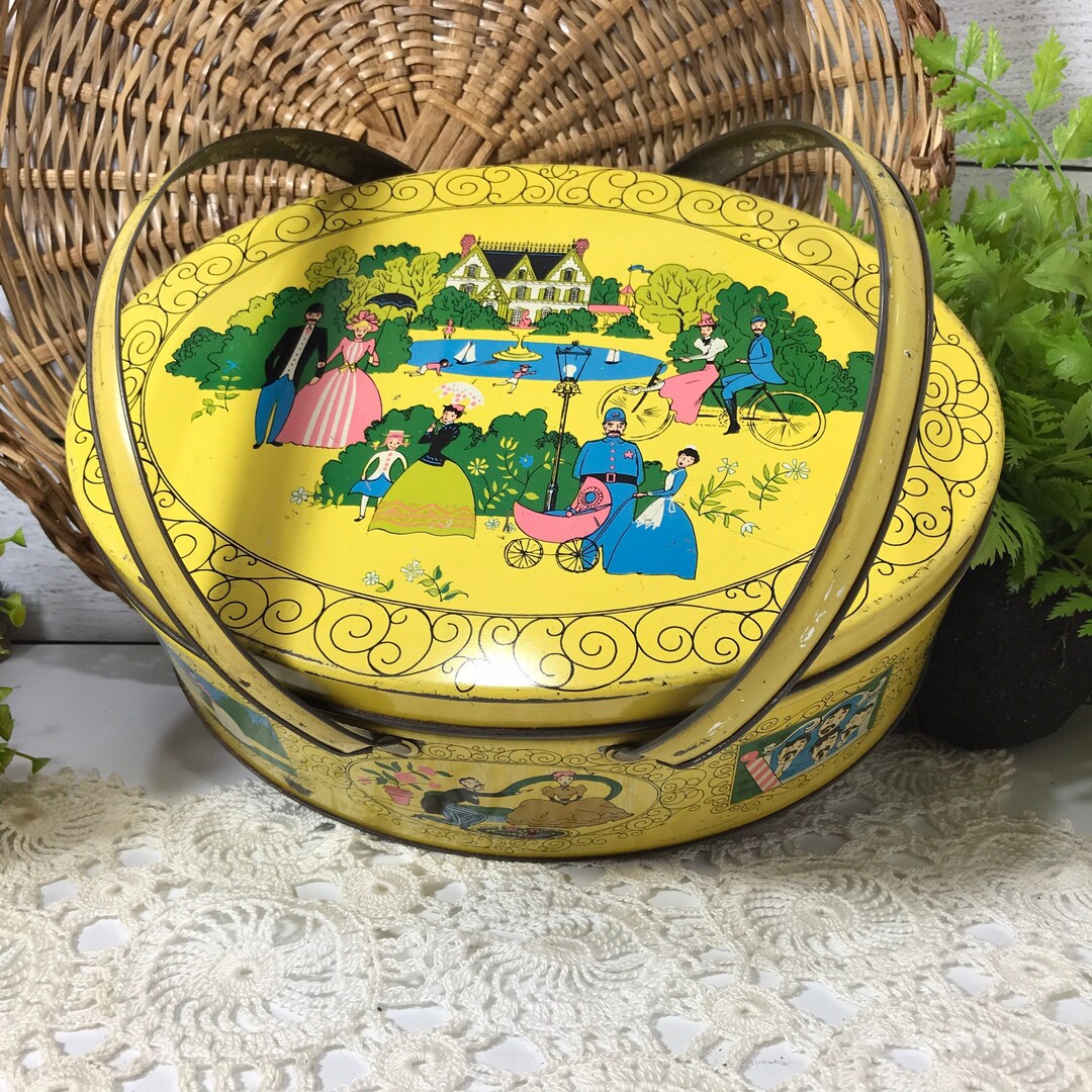 Vintage Sewing Tin Double Swing Handled Oval Yellow Folk Art Sewing Box ...