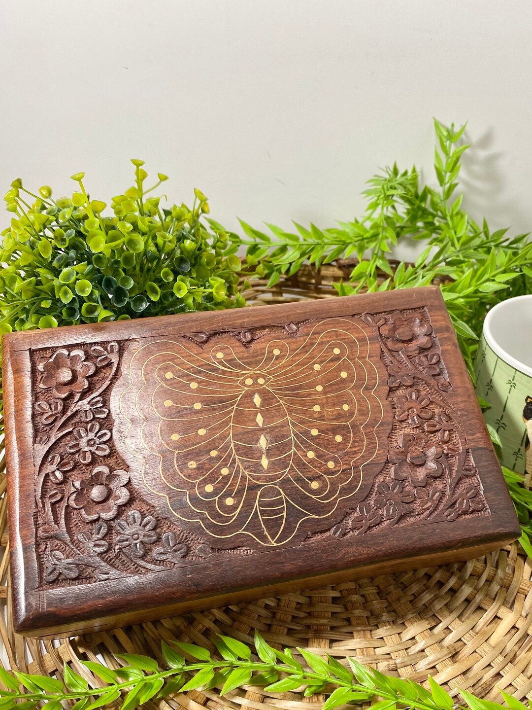 Carved Wooden Box With Brass Inlay Keepsake Box Vintage Jewelry Box ...