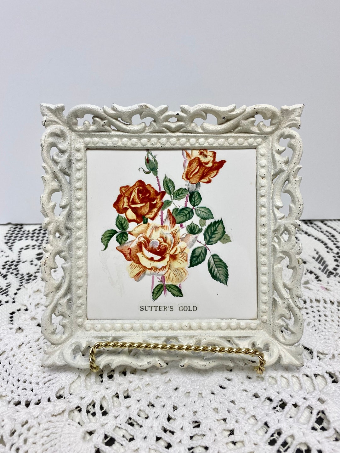 Framed Rose Ceramic Tile in a Cast Iron Frame sutters Gold Roses ...