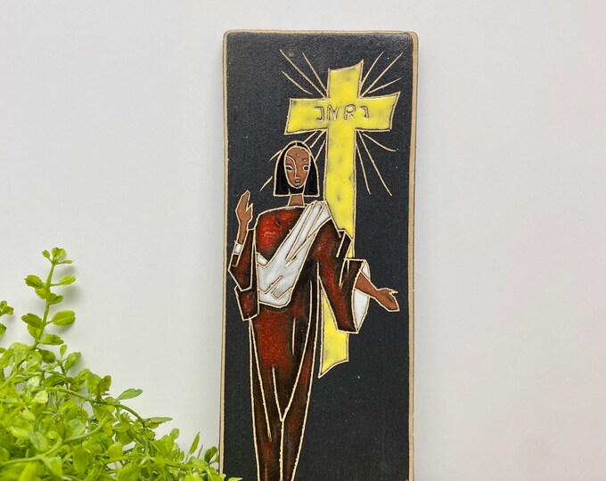 Jesus Religious Ceramic Enamel Wall Tile Jesus and the Cross Vtg Plaque ...