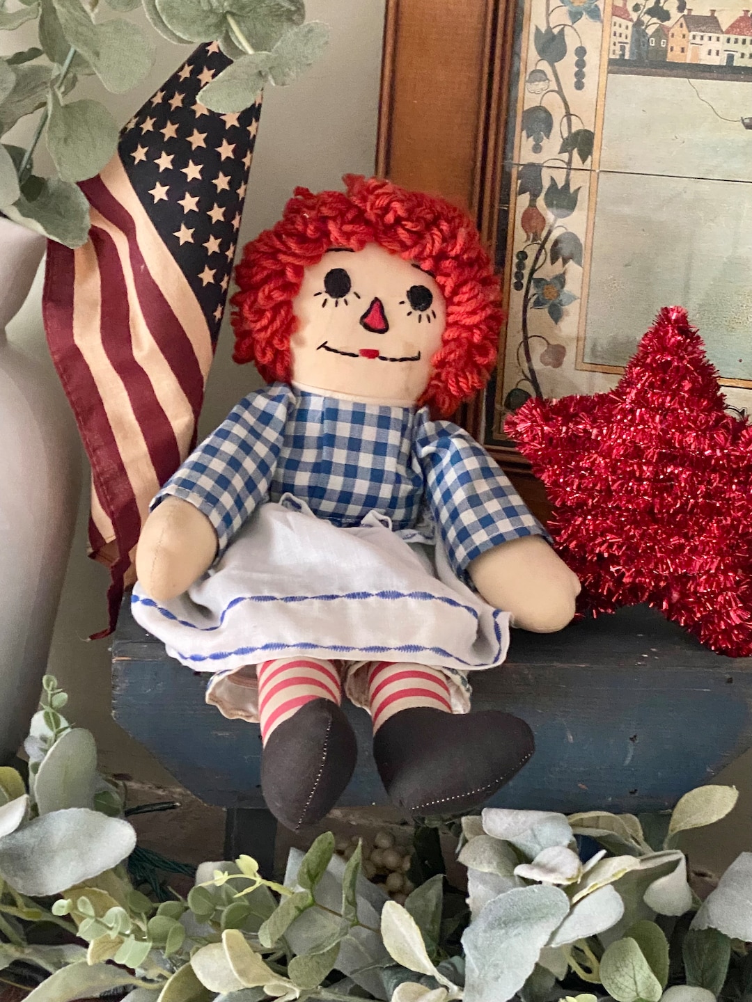 Vintage Raggedy Ann Doll Rag Doll Ann With Needlepoint Face Yarn Hair ...