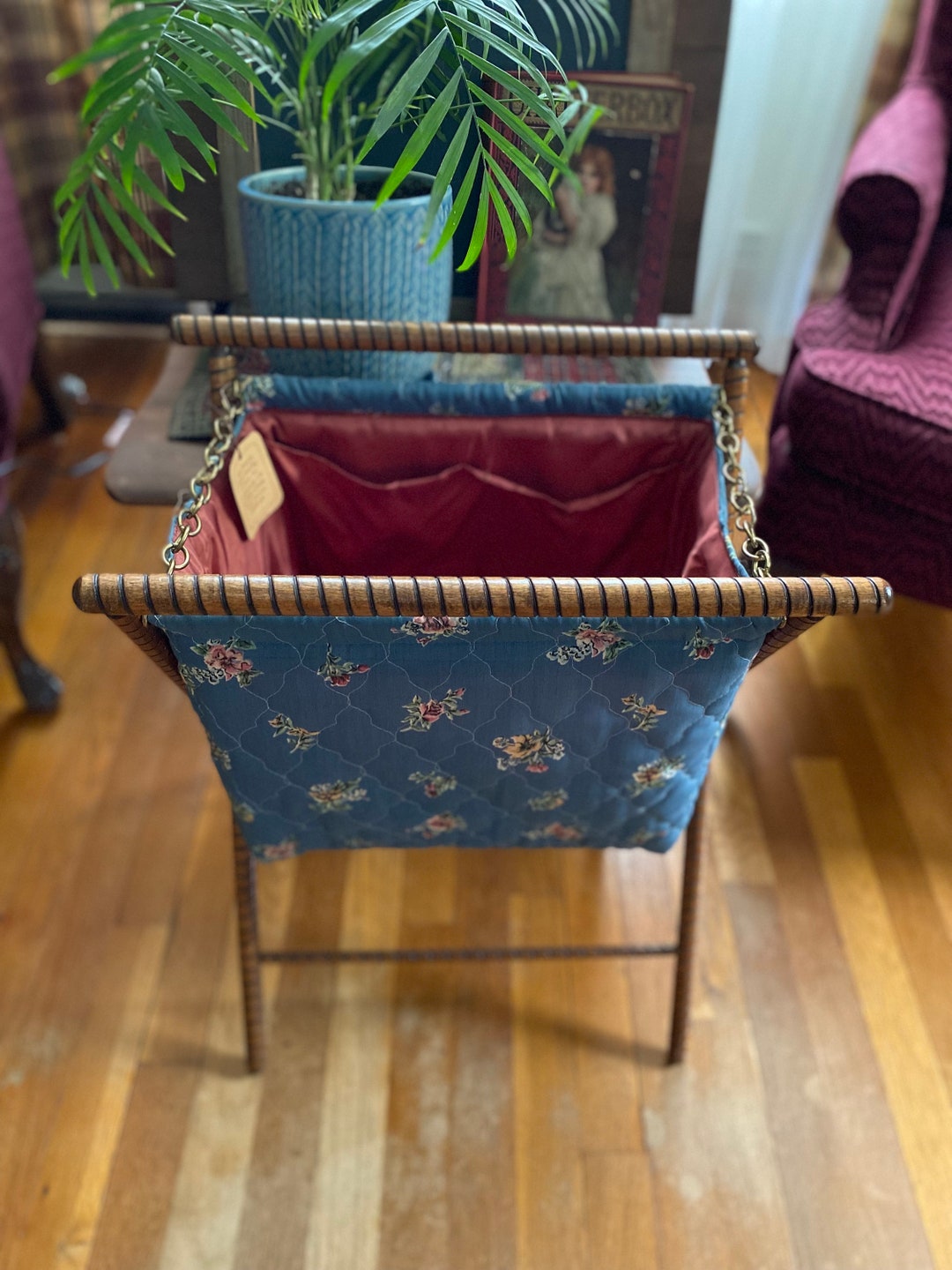 Large Vintage Folding Knitting Stand With Wood Frame Quilted Blue ...