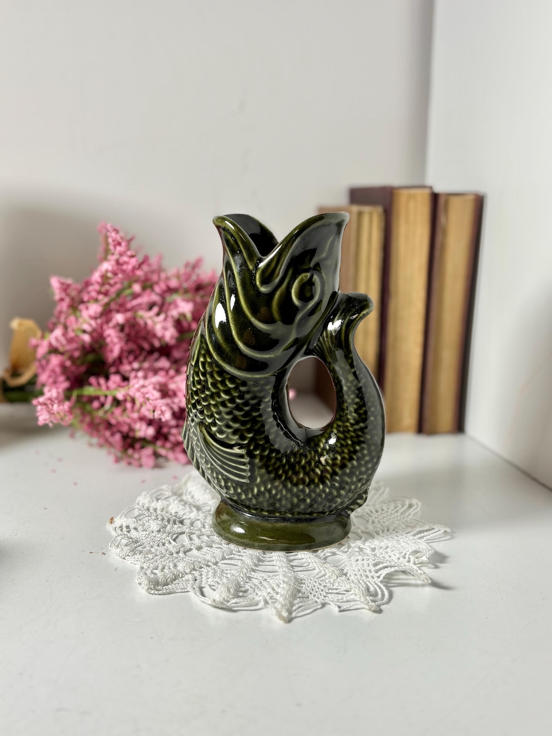 Vintage Green Fish Shaped Pitcher Gluggle Fish Jug Dartmouth Pottery ...