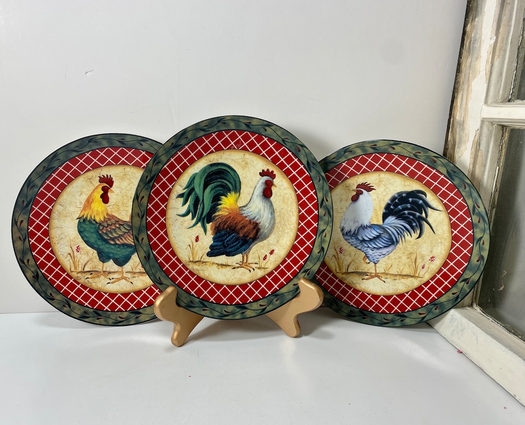 Three Rooster Plates Wall Hanging Vintage Chicken Rooster Colorful Wall ...