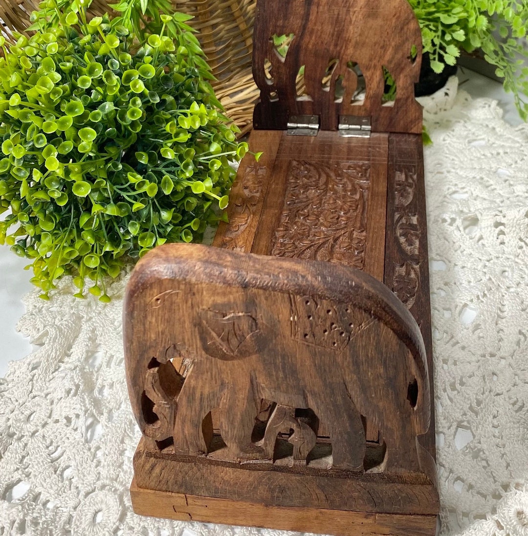 Vintage Elephant Expandable Carved Wood Book Ends Bookends Foldable ...