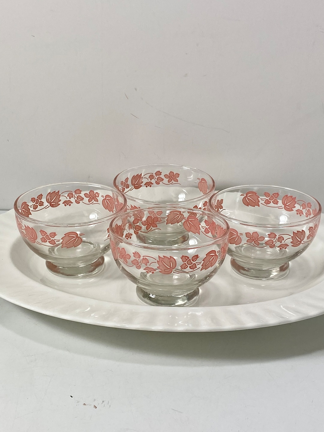 Four Pyrex Custard Dessert Cups Pink Gooseberry Pattern Vintage Mid ...