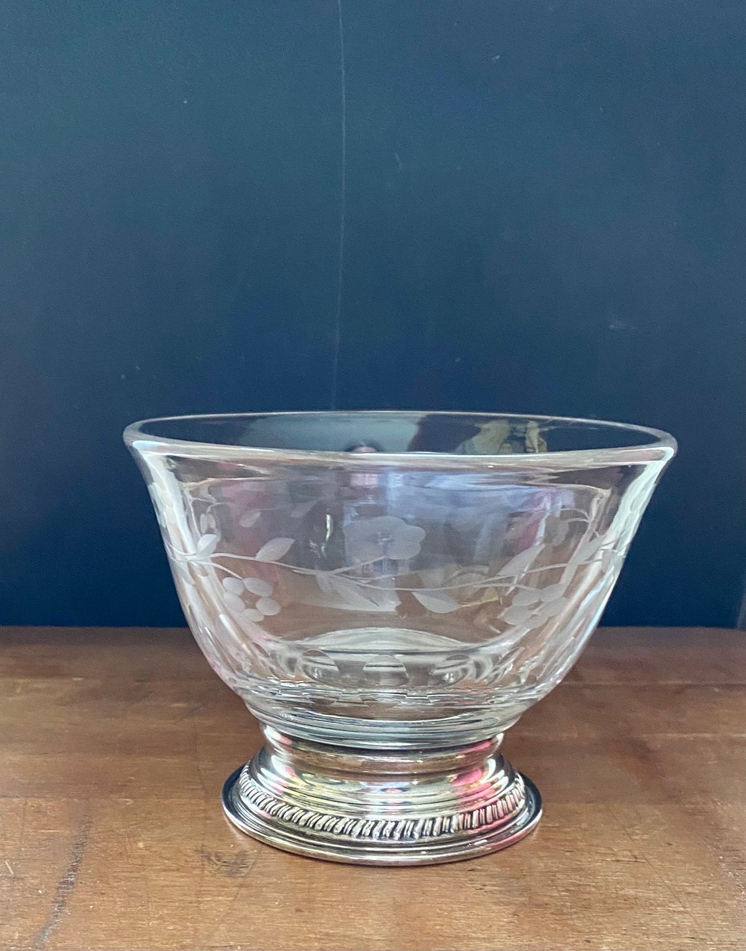 Divided Glass Bowl Footed Sterling Silver Base Etched Floral Vintage ...