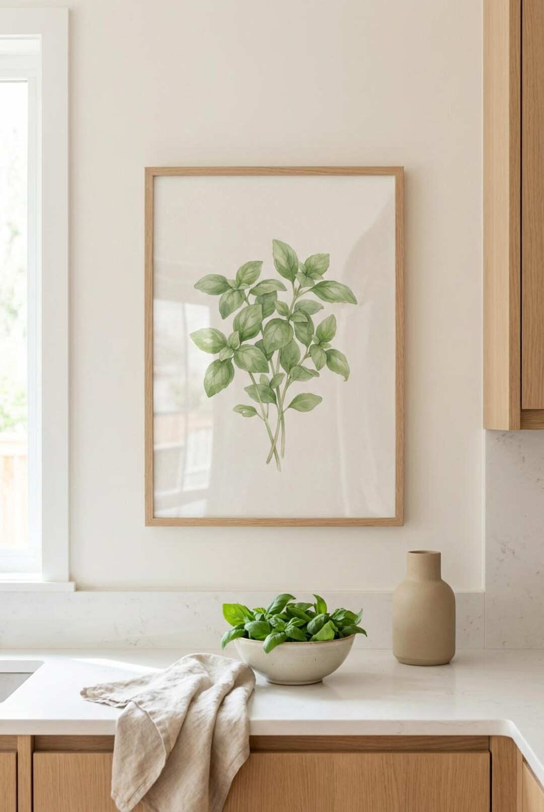 Basil Wall Art Printable, Scandinavian Kitchen Herb Print, Neutral ...