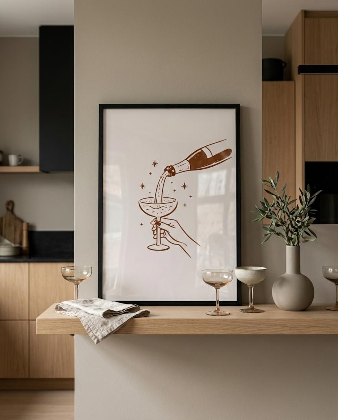 Champagne Line Art Print, Minimalist Cocktail Wall Art, Scandinavian ...