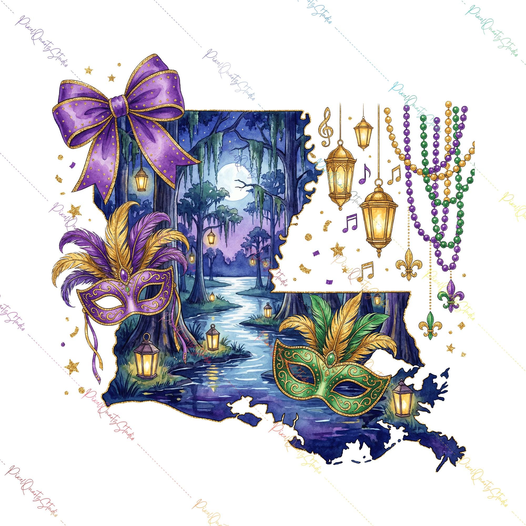 Louisiana Map PNG, Mardi Gras Bayou Sublimation, Night Swamp Art, New ...