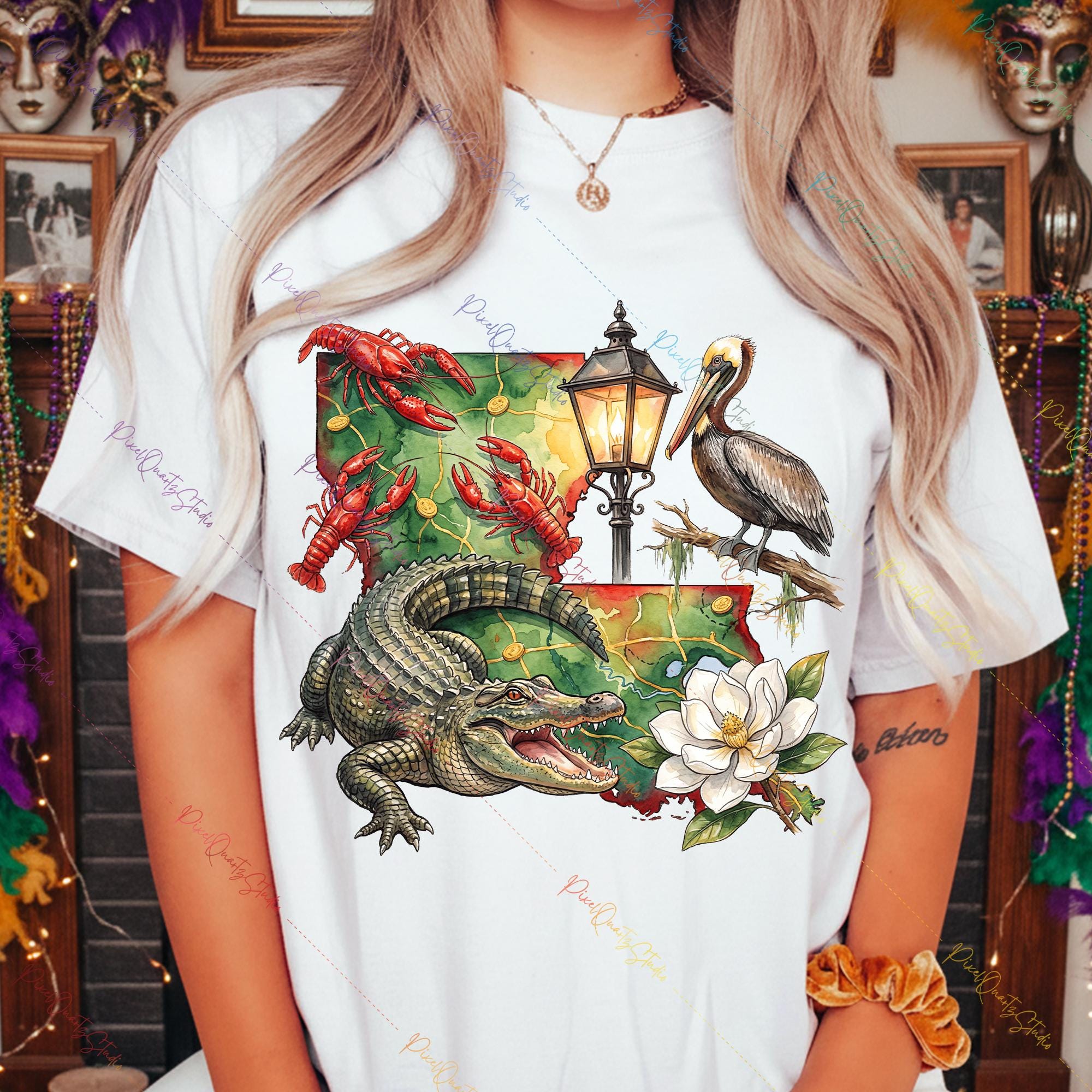 Louisiana State PNG, Watercolor Alligator Crawfish Pelican Magnolia ...