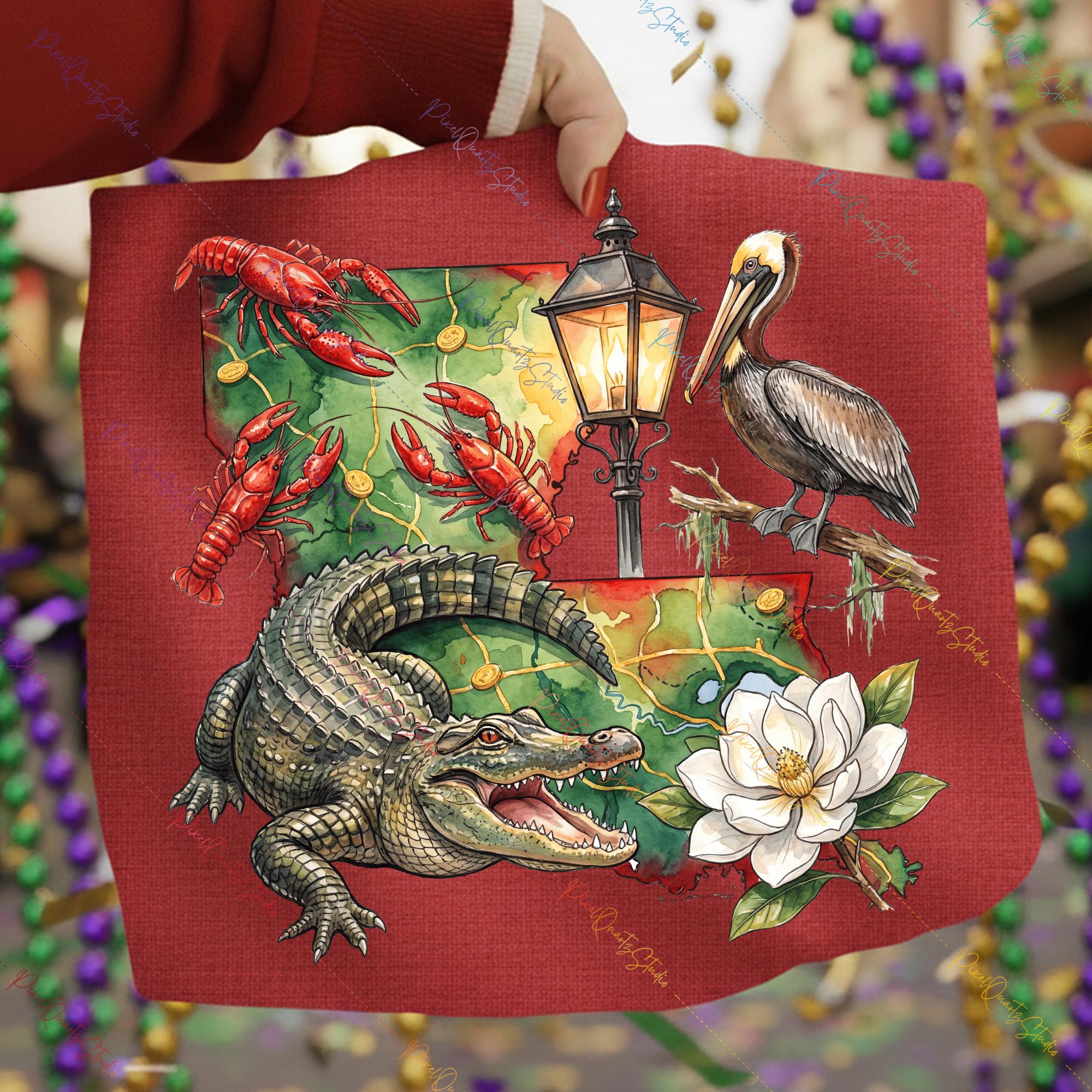 Louisiana State PNG, Watercolor Alligator Crawfish Pelican Magnolia ...