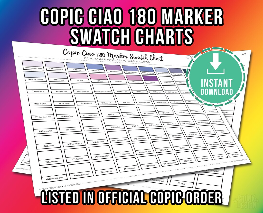 Copic Ciao 180 Swatch Chart Printable PDF • Full Range Alcohol Marker ...