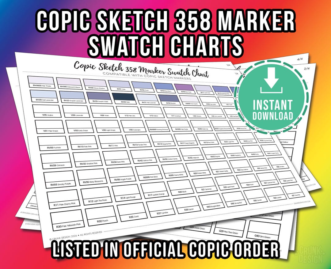 Copic Sketch 358 Swatch Chart Printable PDF • Full Range Alcohol Marker ...