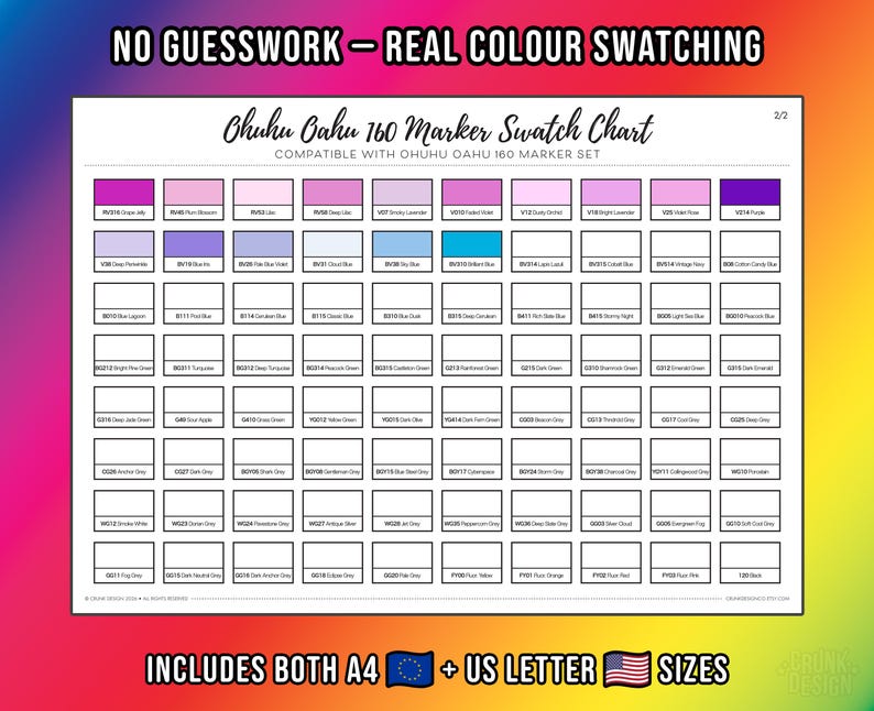 Ohuhu Oahu 160 Marker Swatch Chart (NEW Codes) • Alcohol Marker Colour ...